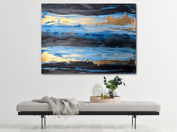 Blue Black Painting Large Blue Abstract Painting on Canvas - Etsy