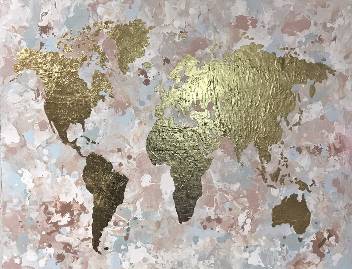 Gold Leaf World Map Wall Art, Wanderlust Art, Gold Leaf Canvas, World ...