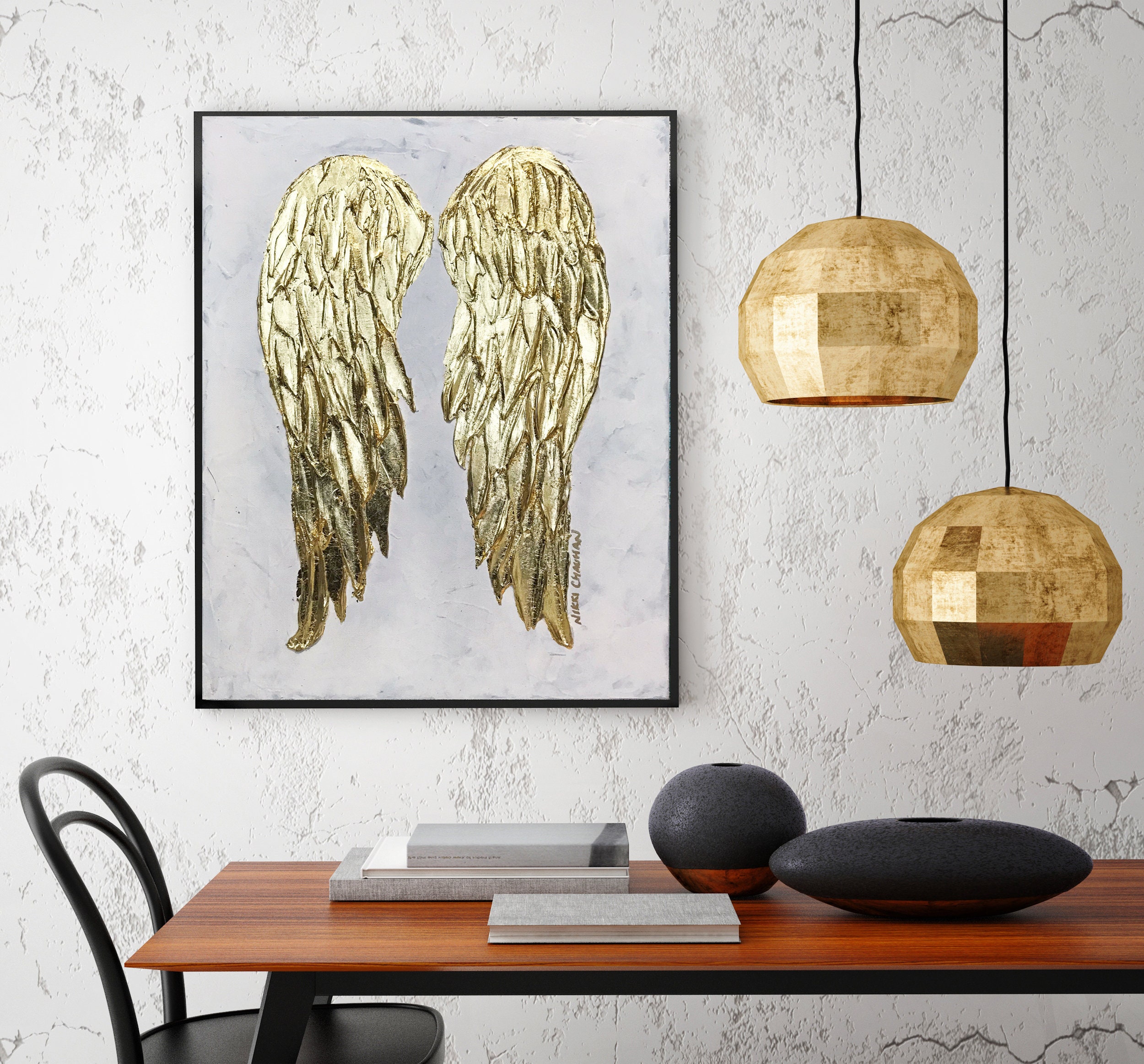 Acrylic Art & Collectibles Gold Wing Painting Original Art Angel Wings ...