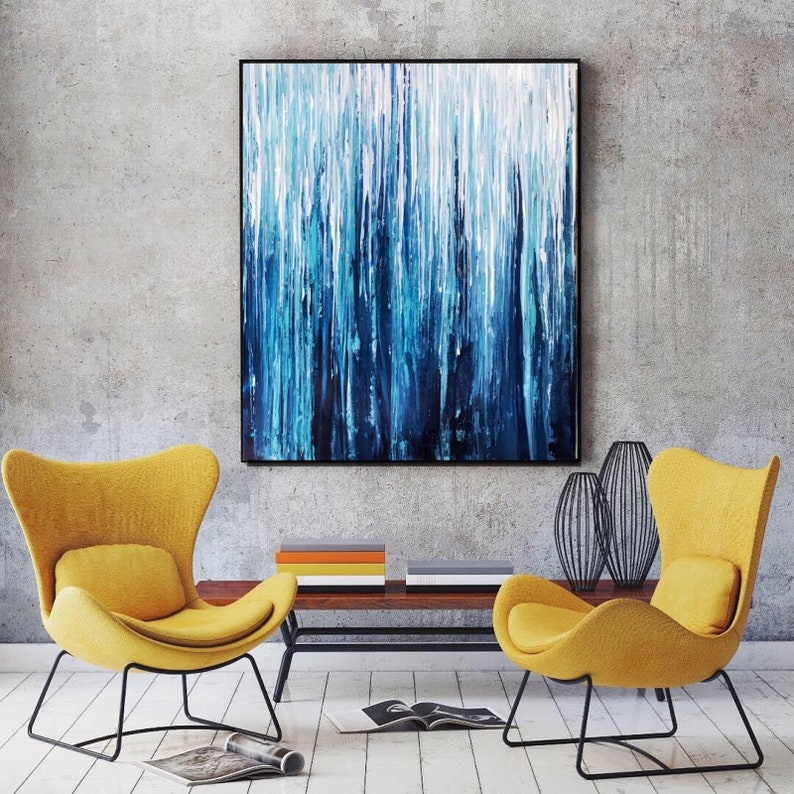 Modern Blue Canvas Painting, Blue Stripe Abstract Art, Large Abstract ...