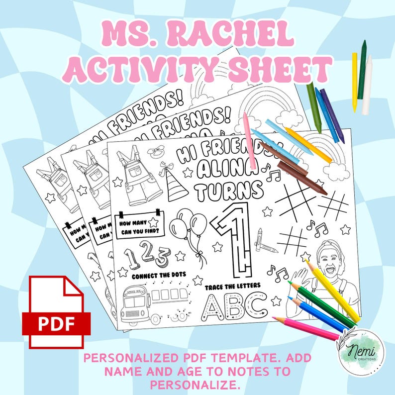 Ms Rachel Birthday Activity Sheet, Party Coloring Sheet, Placemat ...