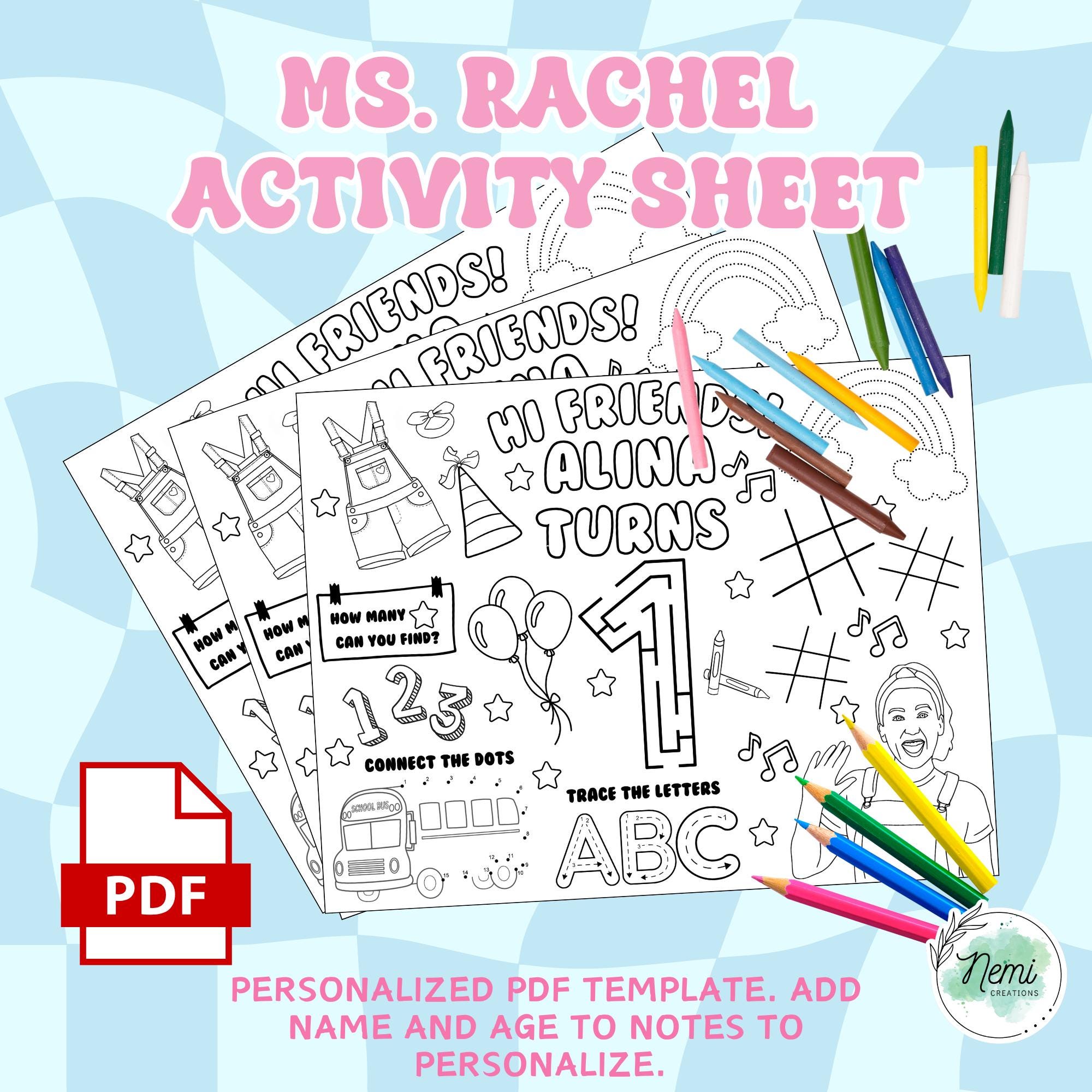 Ms Rachel Birthday Activity Sheet, Party Coloring Sheet, Placemat ...