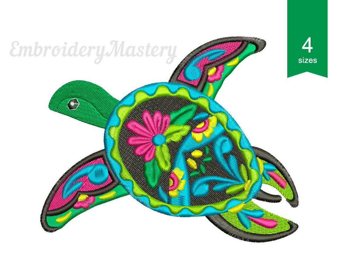 Floral Turtle Machine Embroidery Design. Sea turtle design. 4 | Etsy