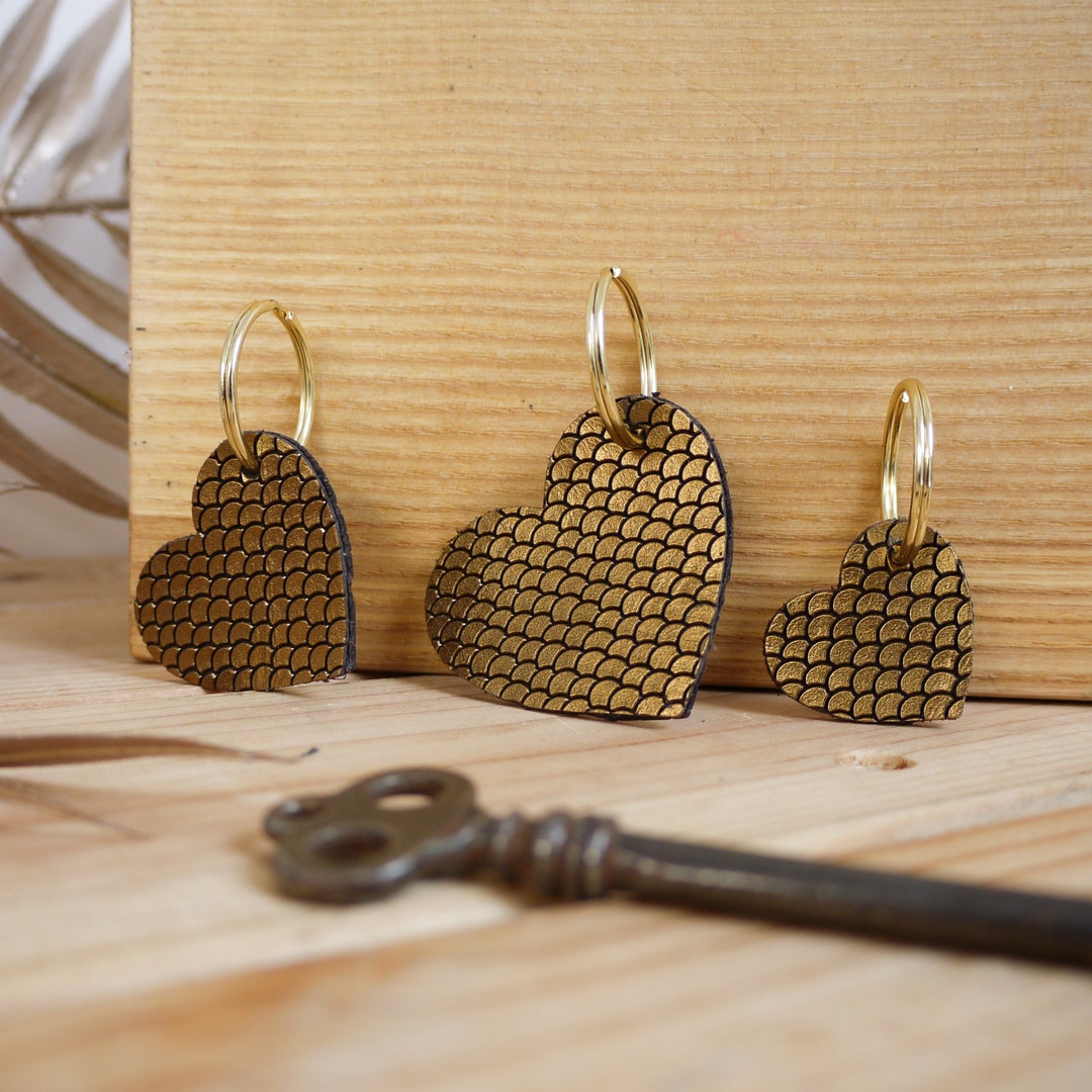 Leather Mini Heart Keyring, Gold Dragon Scale Heart Keyring. Mermaid ...