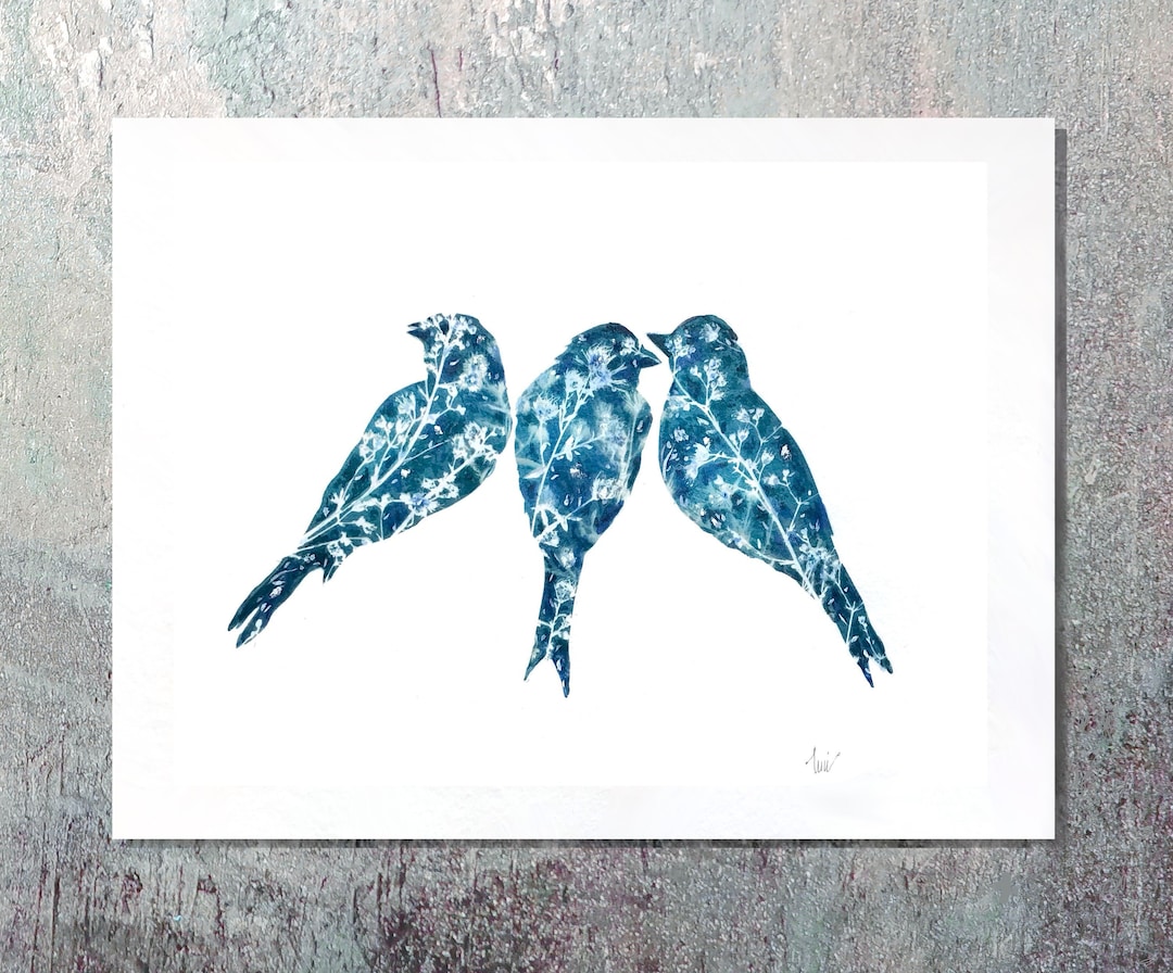 NEW, Triad of Swallows, Original Watercolor on Cyanotype, Gift for Bird ...