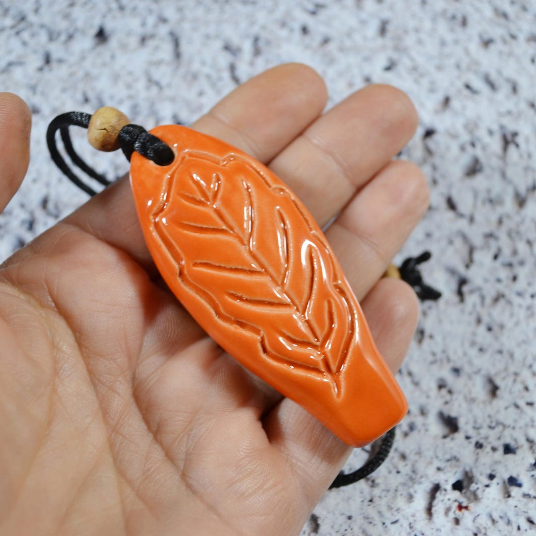 Whistle With Engraved Oak Leaf - Ocarina 2 Hole 4 Tone - Orange Ceramic ...