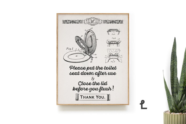 Humorous Vintage Restroom Sign . Toilet Seat Down Reminder . Hilarious ...