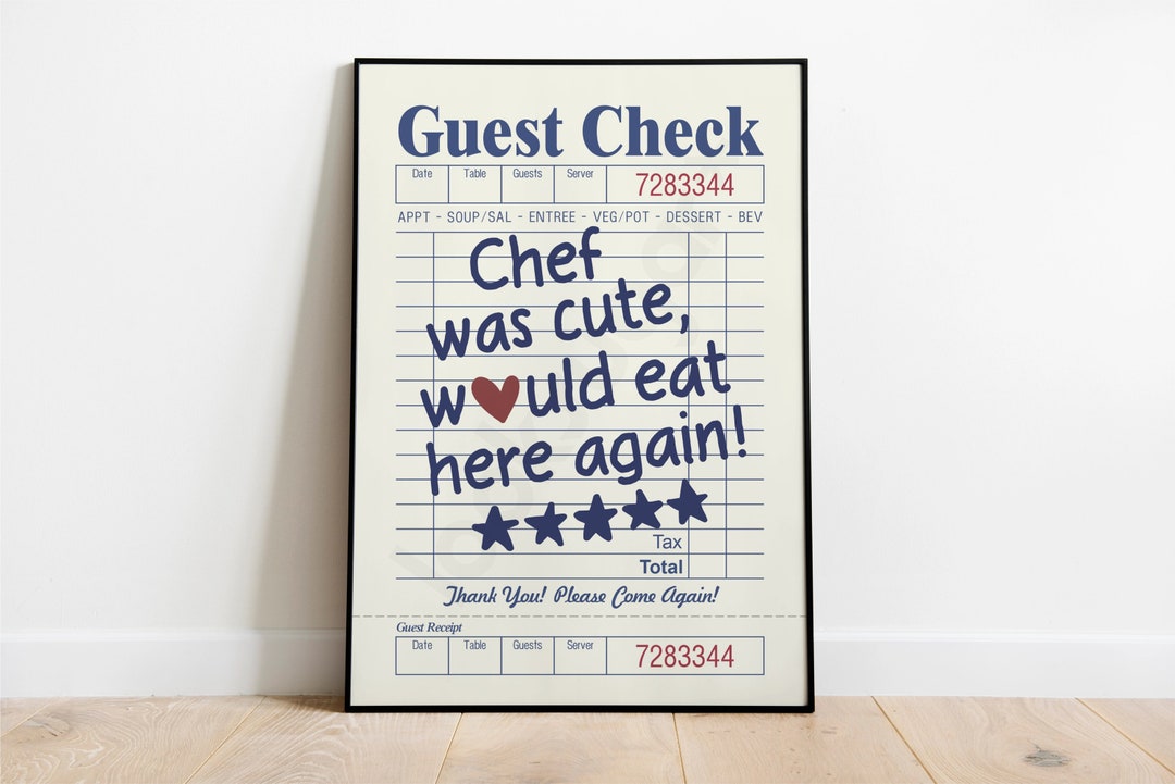 Chef Was Cute Guest Check Dining Room Poster . Shipped Wall Art . Ultra ...