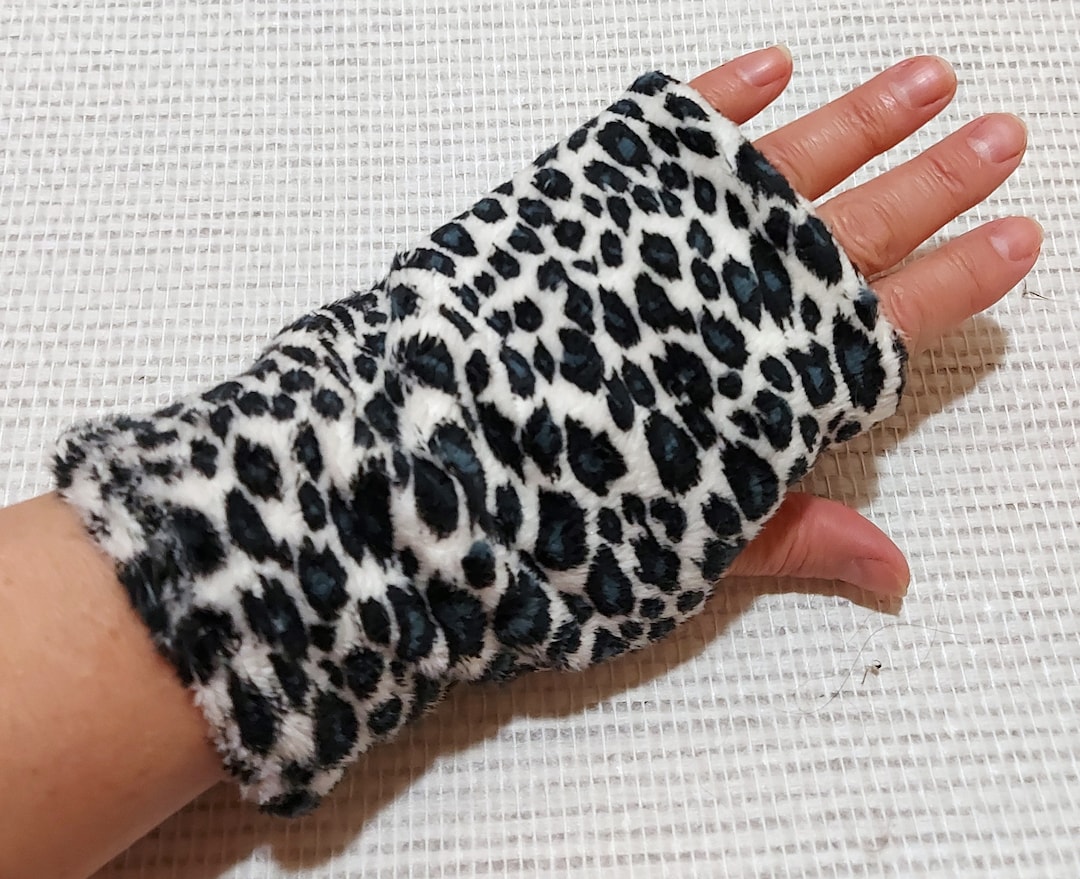 Leopard Print Fleece Reversible Fingerless Gloves, Hand Warmers, Fleece ...
