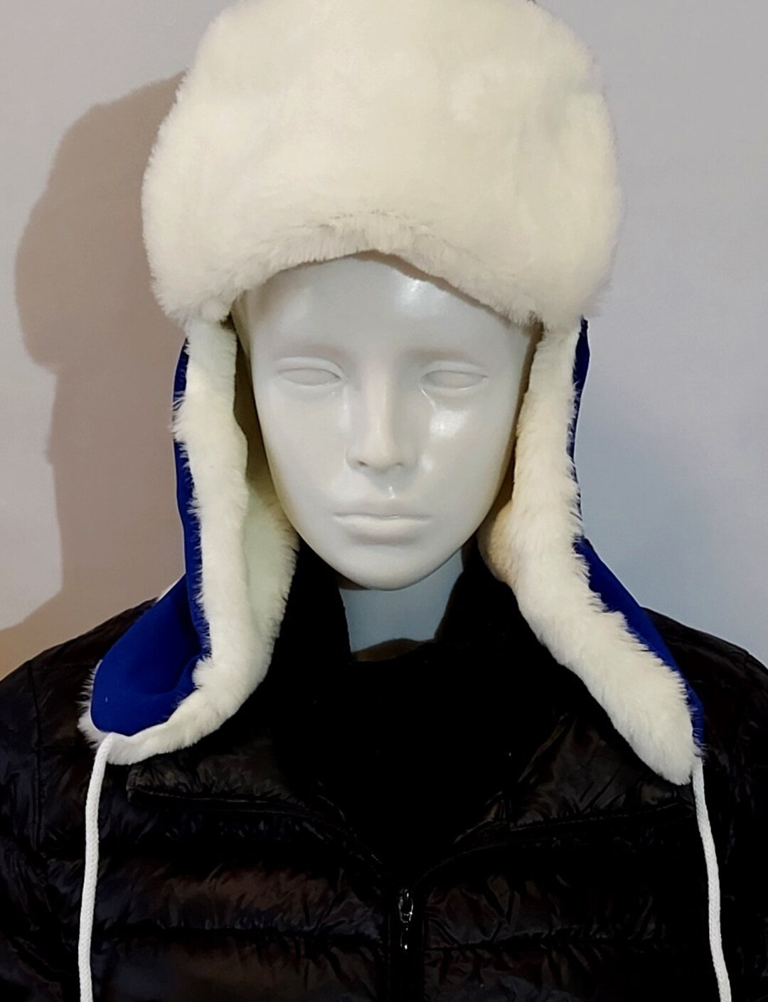 Winter White and Blue Fur Hat With Earflaps,faux Fur Hat,unisex Fur Hat ...