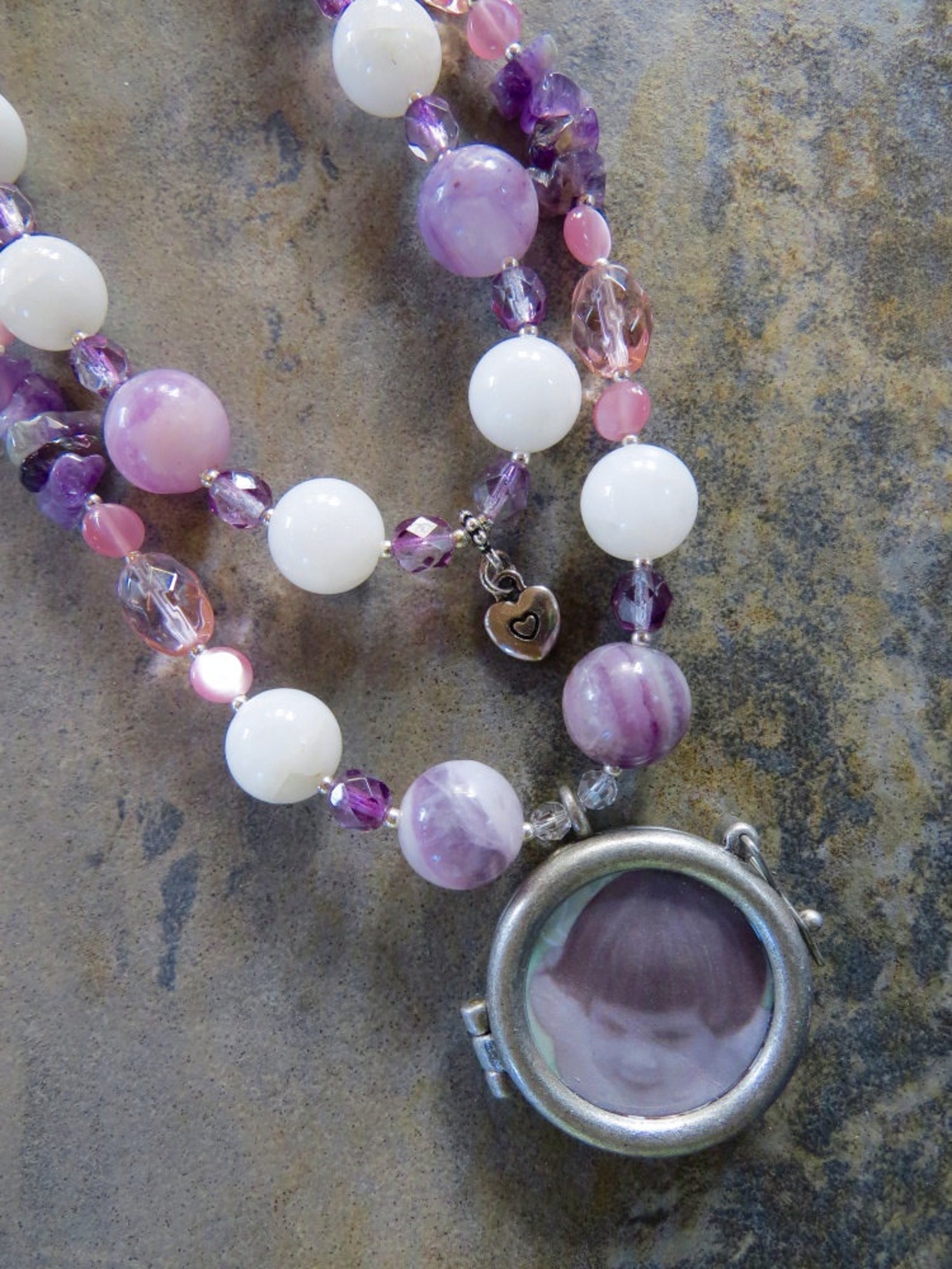 Round Locket Necklace Purple White Beaded Locket Necklace - Etsy