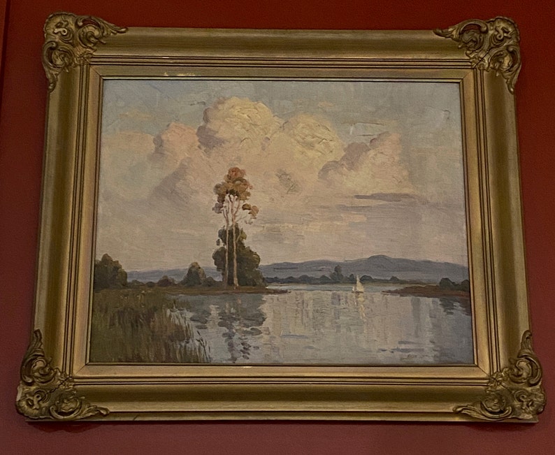 Painting River Lake by Erik Langker. Oil on Board. Measurements: 63cm X ...