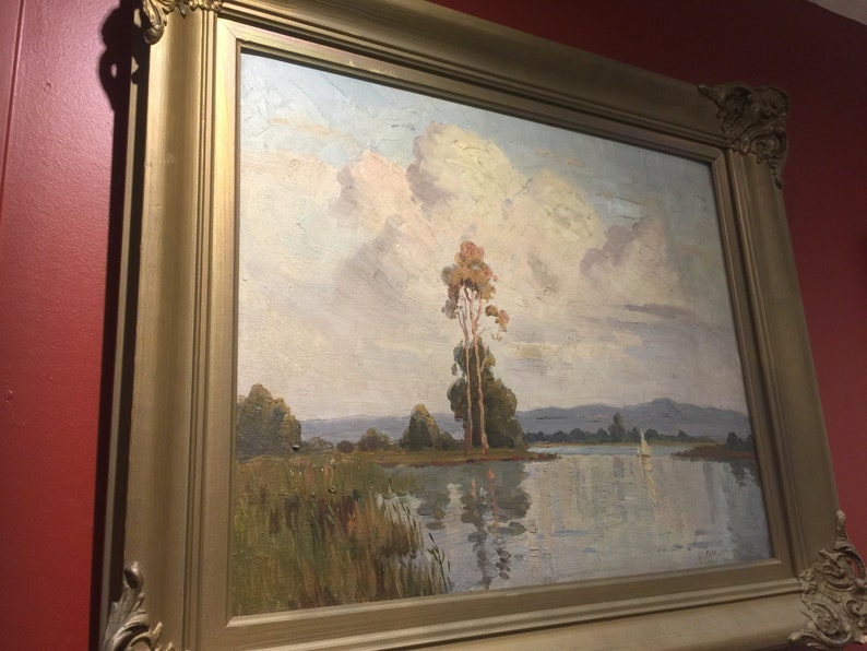 Painting River Lake by Erik Langker. Oil on Board. Measurements: 63cm X ...