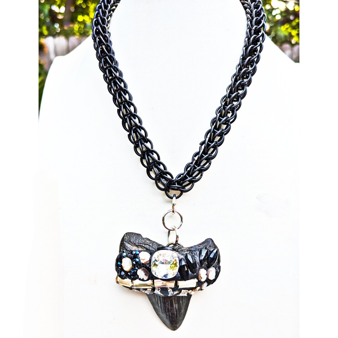 Real Megalodon Shark Tooth Fossil Pendant Black MOP Tiny MOP Cameos ...