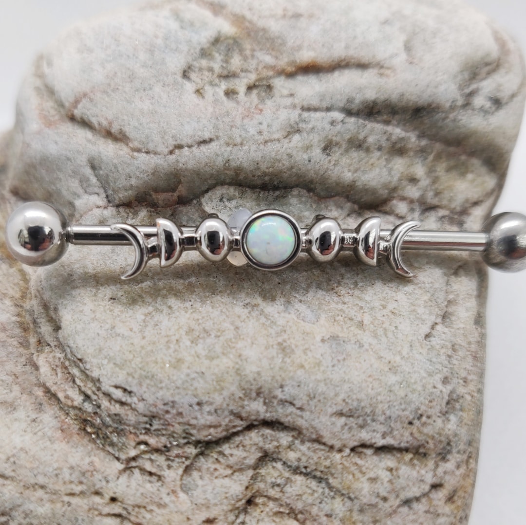White Fire Opal Crescent Moon Phases | Scaffold/industrial Piercing ...