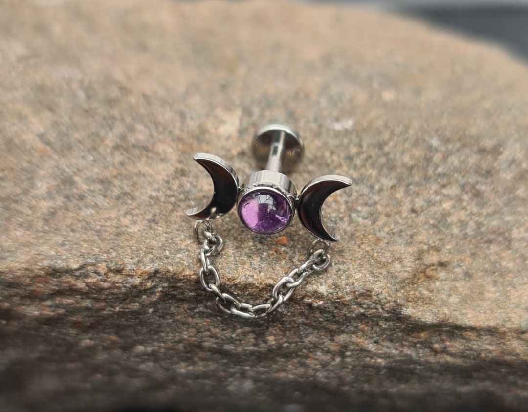 Crescent Moon Goddess Amethyst Stone | Implant Titanium Labret Stud ...
