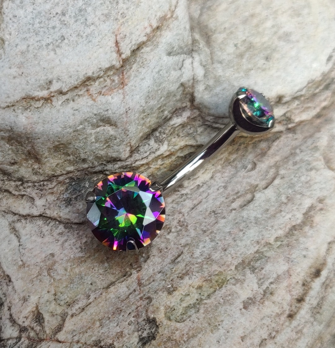 Mystic Topaz Cubic Zirconia Prong Set Crystal Belly Bar - Titanium ...