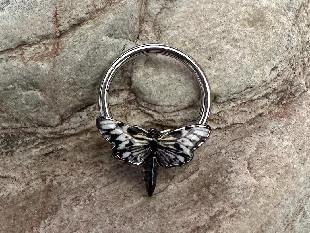Black White Moth | Surgical Steel Hinged Clicker | Septum Hoop Daith ...