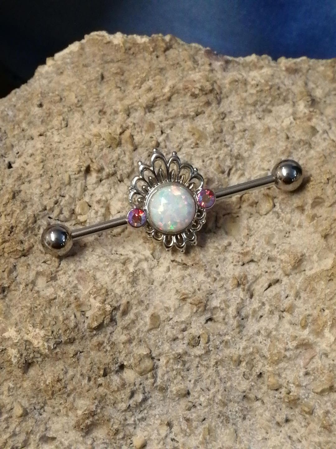White Fire Opal Crystal Filigree Scaffold/industrial Piercing Barbell ...