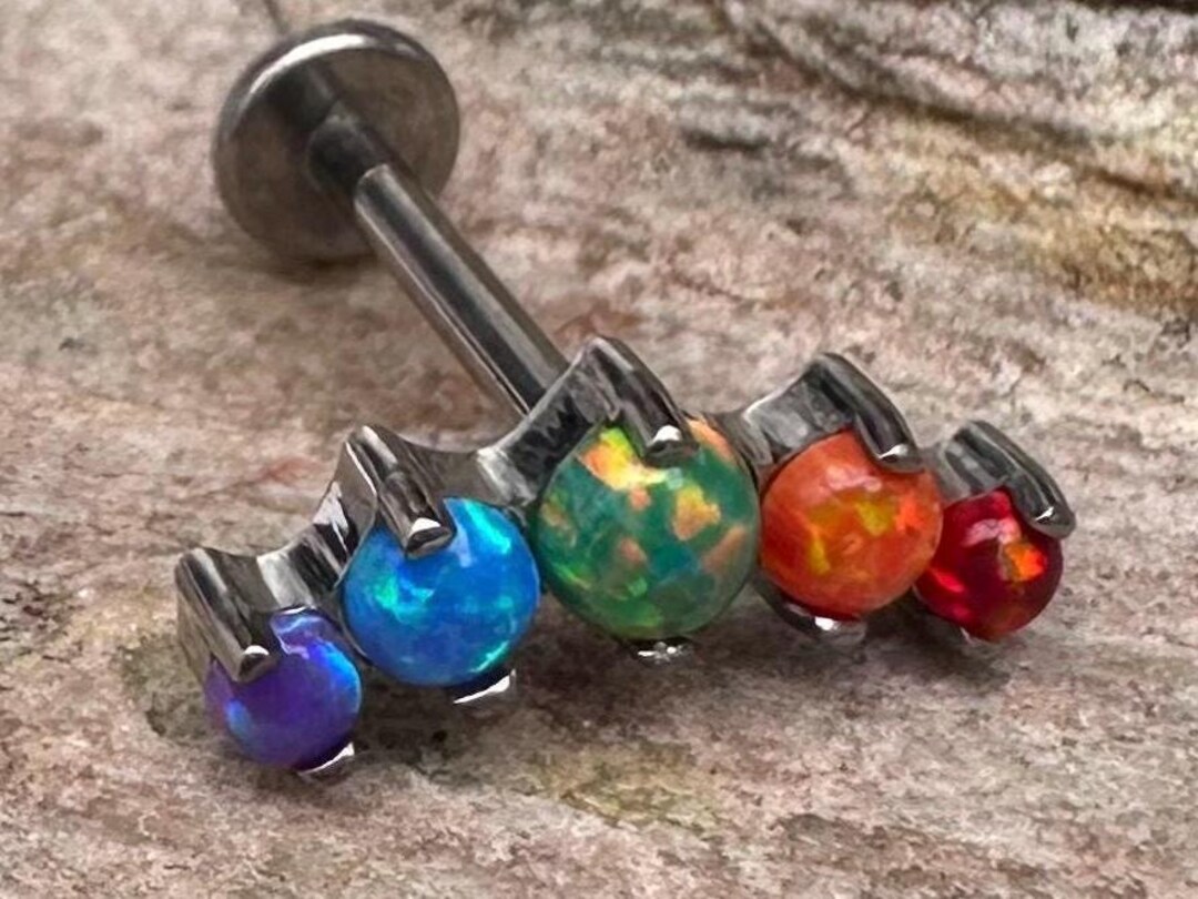 Rainbow Fire Opal Arc Cluster Titanium Piercing Stud | 1.2mm 16g | Flat ...