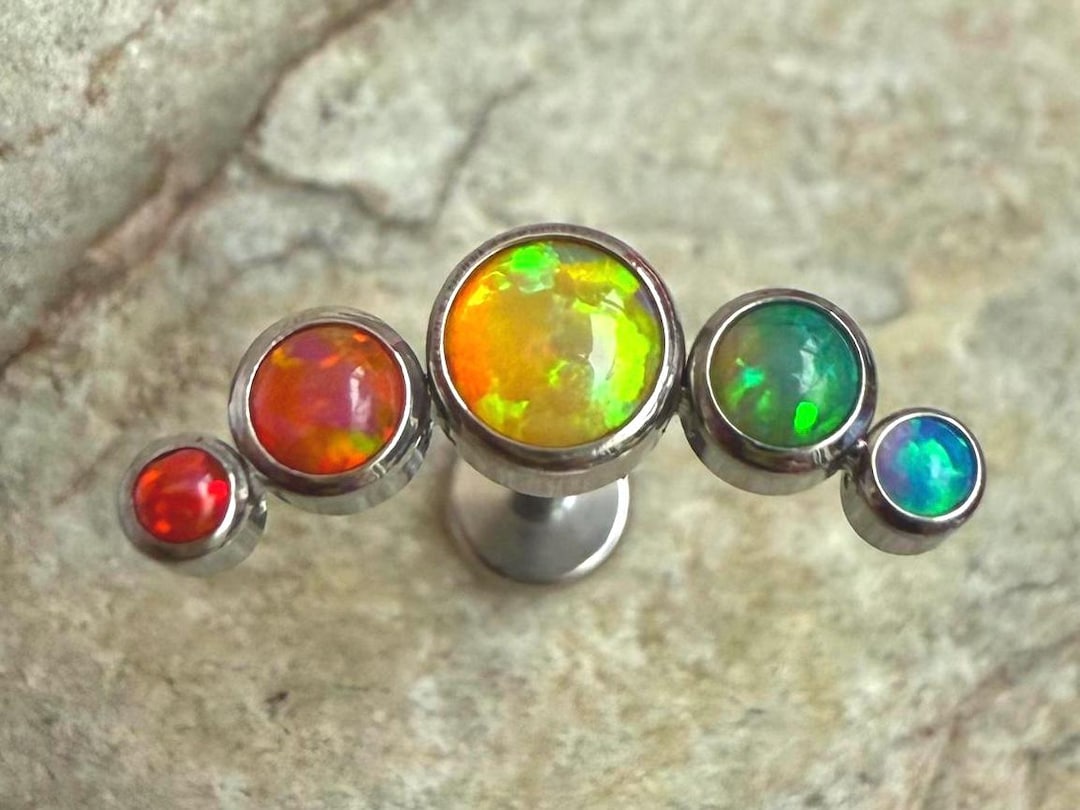 Rainbow Fire Opal Arc Cluster Titanium Piercing Stud | 1.2mm 16g | Flat ...