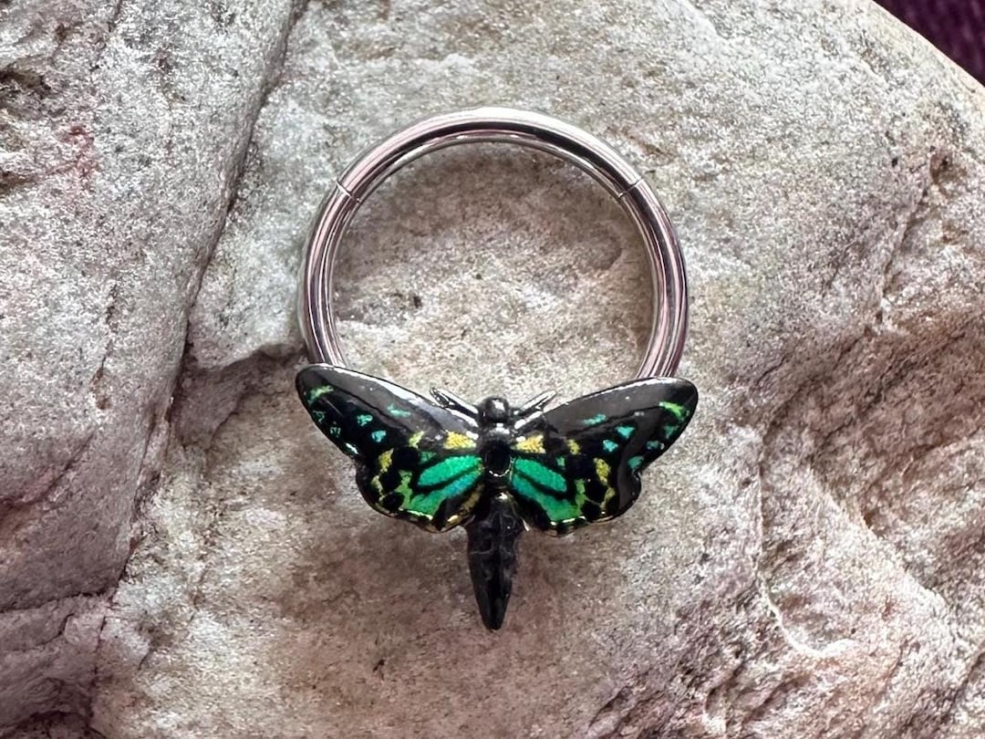 Green Moth | Surgical Steel Hinged Clicker Ring | Septum Hoop Daith ...
