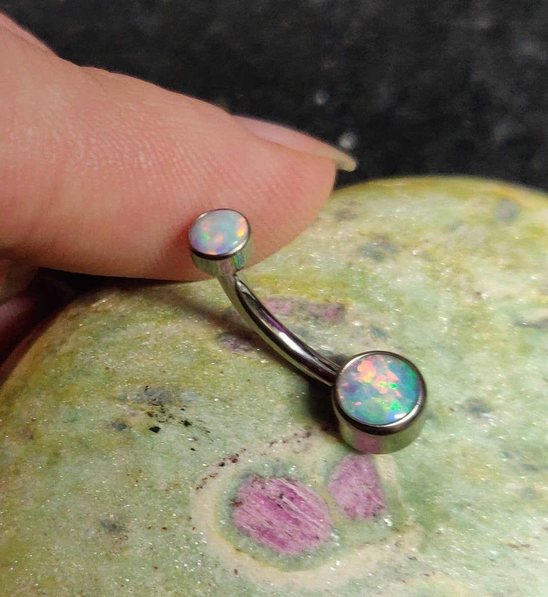 Bezel Set White Fire Opal Internally Threaded Titanium Belly Bar Navel ...