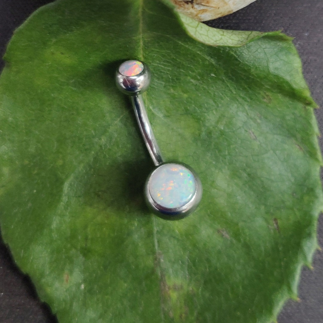 White Fire Opal Belly Bar - Titanium Navel Piercing Bar - Internally ...