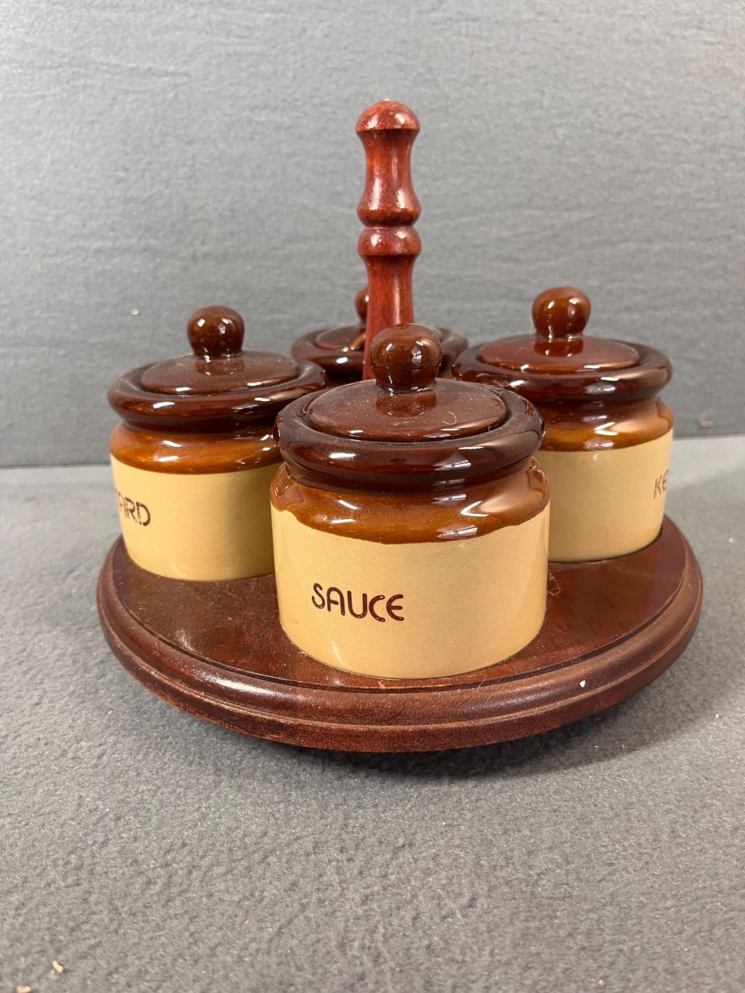Vintage Brown Stoneware Crock Condiment Set With Lazy Susan & Wooden ...