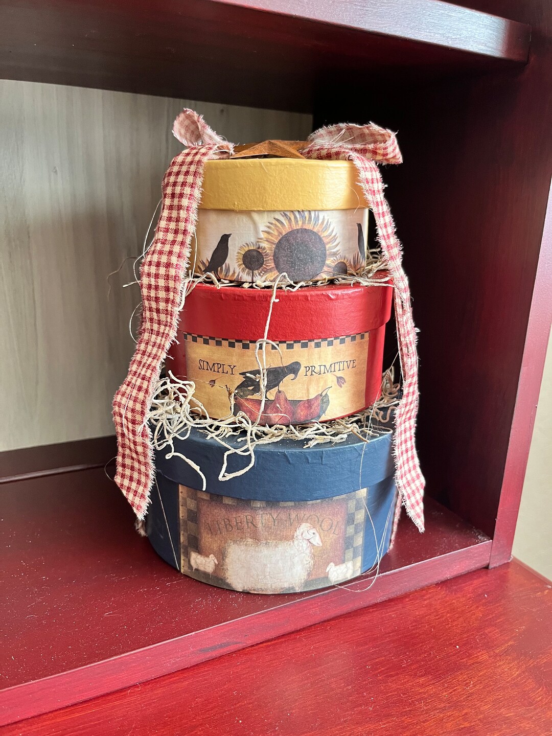 Primitive Americana Paper Mache Box Set - 3 Round Nesting Boxes, Rustic ...