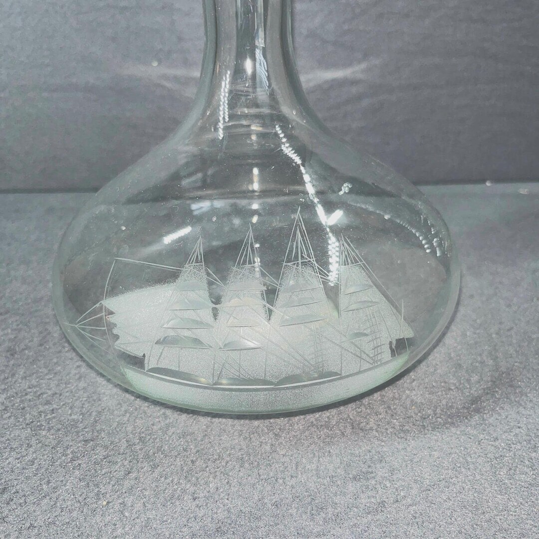 Decanter Vintage MCM Clear Glass Etched Ship With Glass Ball Stopper ...