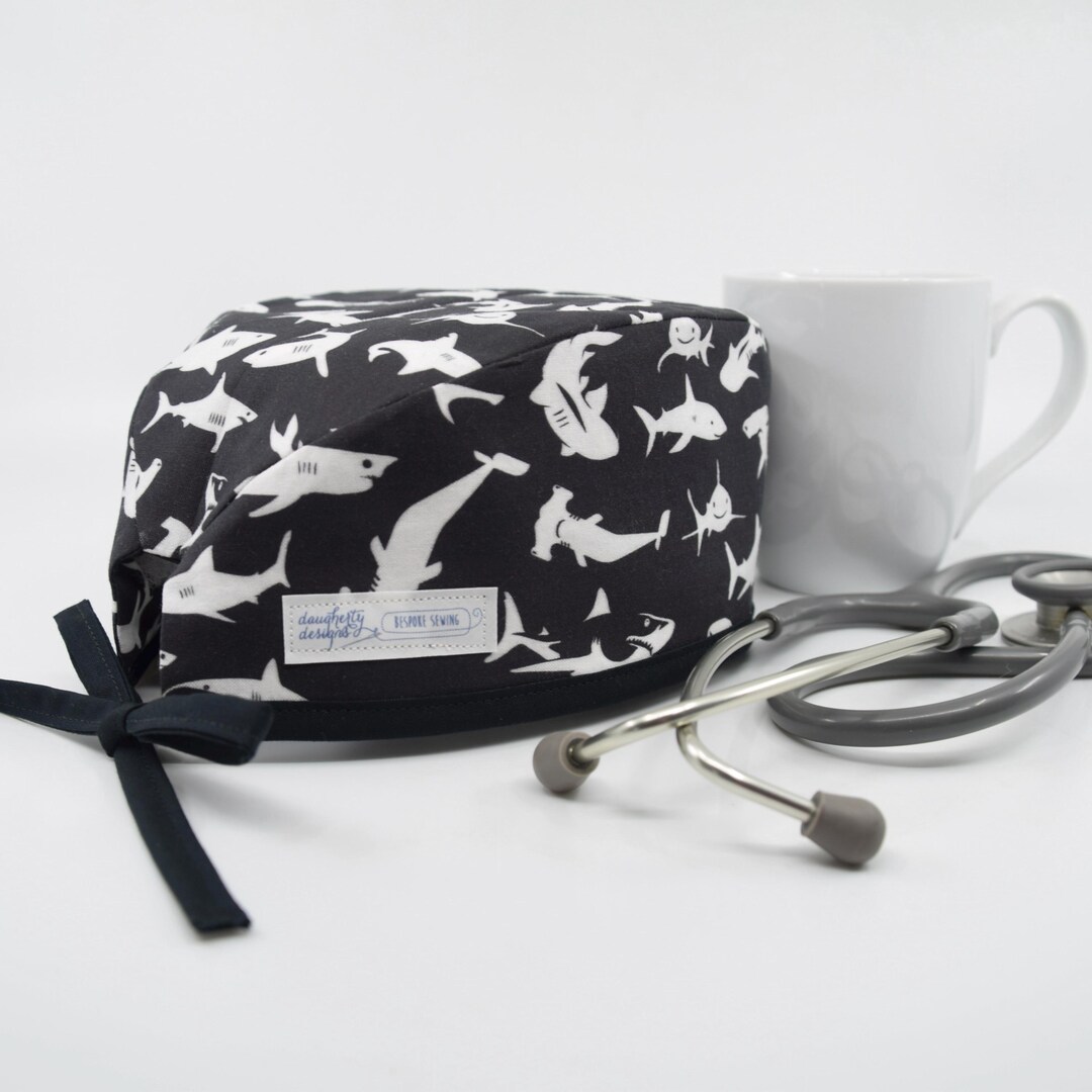 Sharks Scrub: Black and White Spoonflower Fabric, Handmade Cap - Etsy