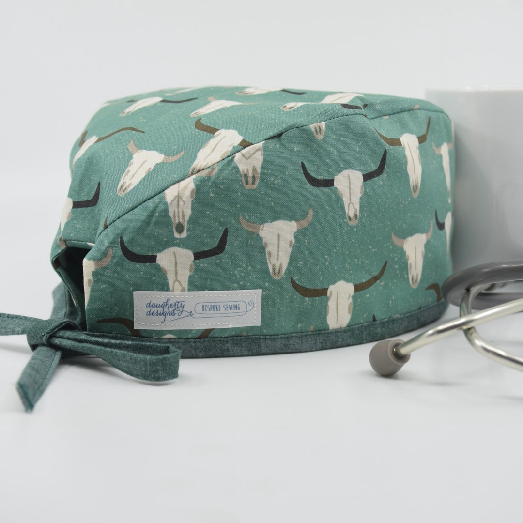 Western Longhorn Skulls Scrub: Cotton Fabric, Handmade, Lined Cap - Etsy