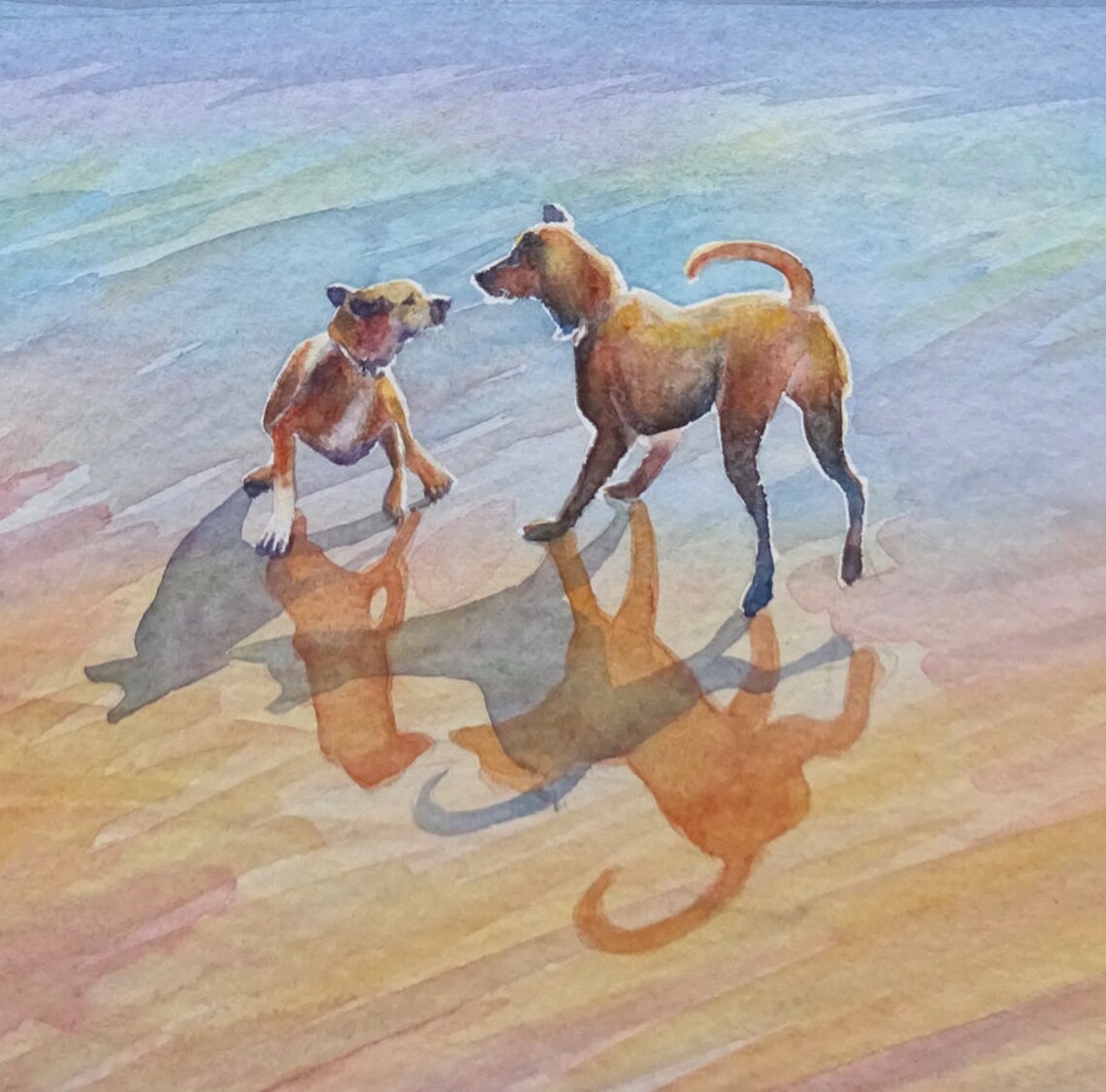 Watercolour Painting Of Two Dogs Playing On A Beach Etsy
