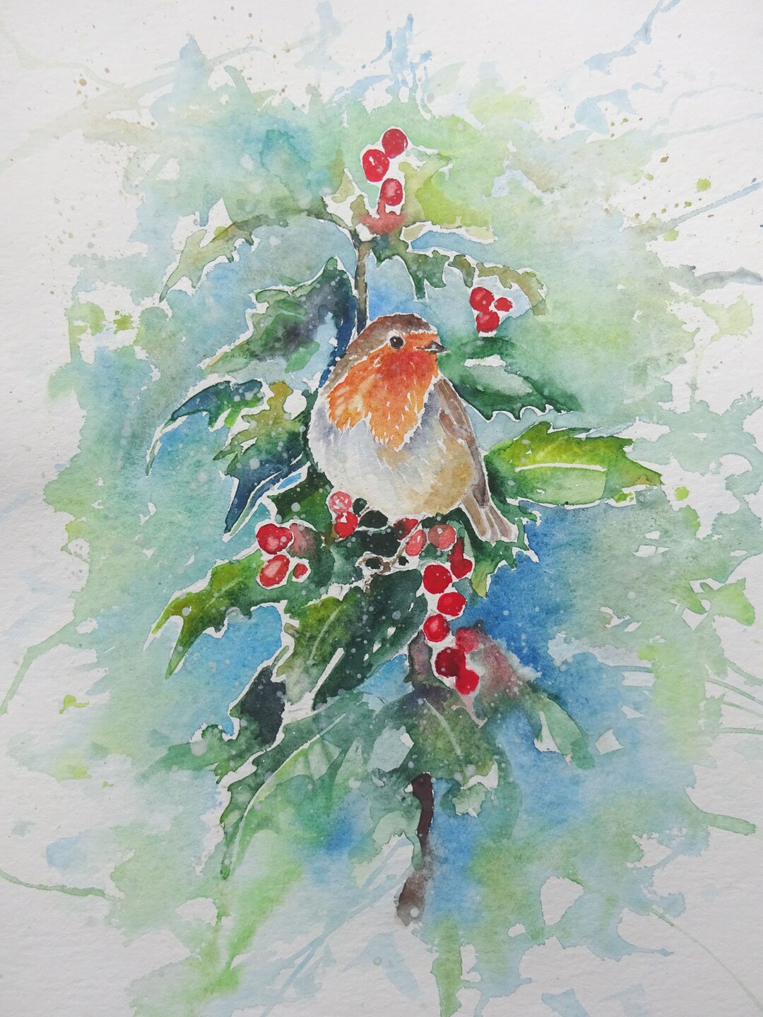 Watercolour Painting of a Red Robin on a Holly Bush - Etsy