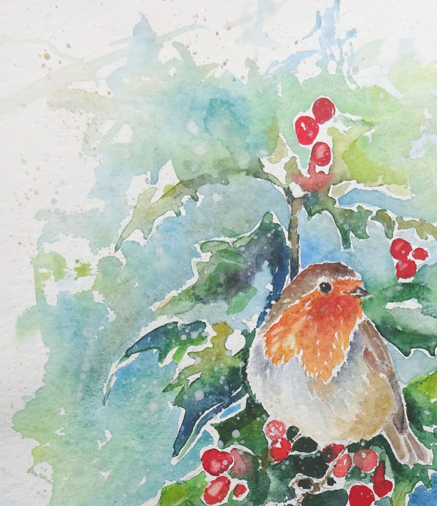 Watercolour Painting of a Red Robin on a Holly Bush - Etsy