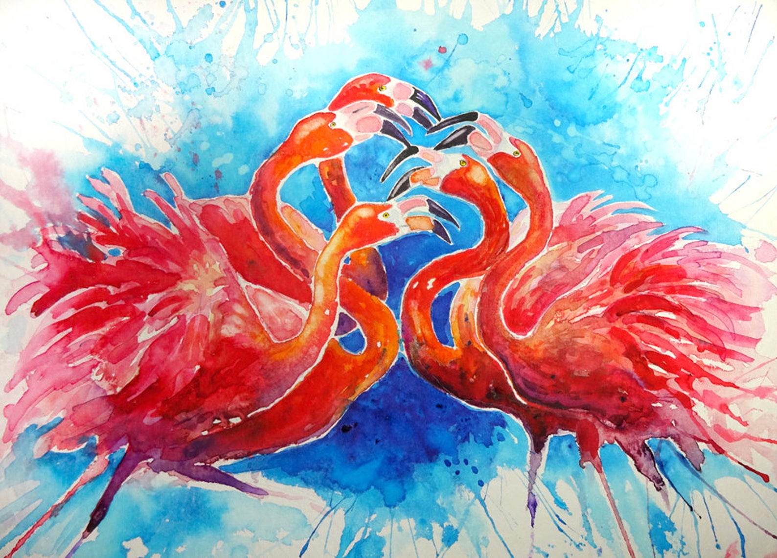 Watercolour Painting - Flamingo Punch-up - a Group of Red Flamingoes - Etsy