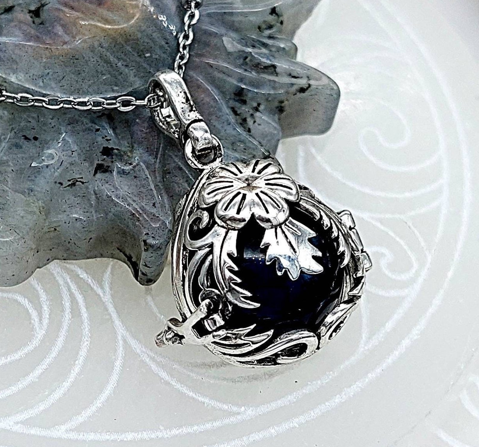 Black Glass Floral Teardrop Locket Necklace Cremation Ash Necklace ...