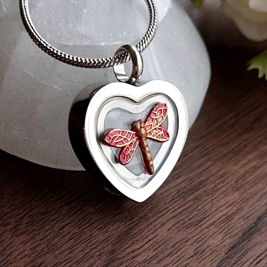 Red Dragonfly Glass Locket Pendant | Urn Necklace Fo Human Ashes, Pets ...