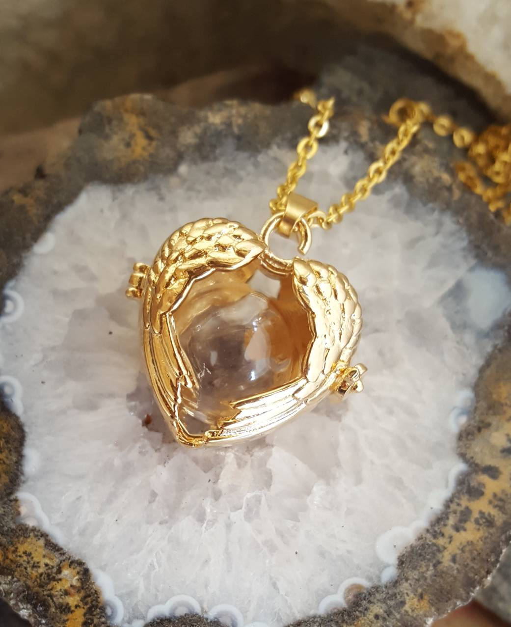 Gold Angel Wings Locket Urn Pendant | Glass Locket | Memorial Necklace ...