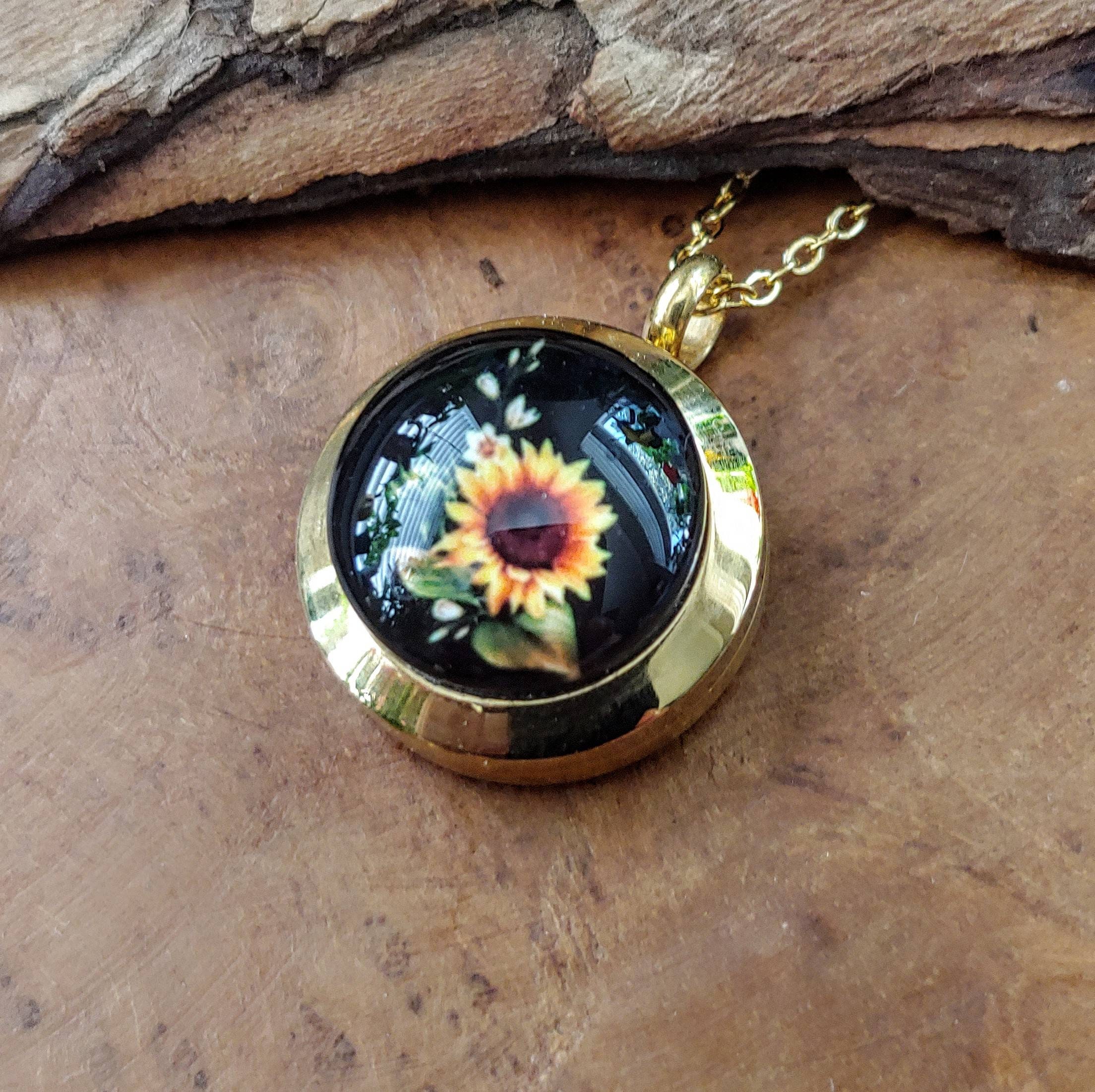 Gold Sunflower Glass Locket Urn Necklace | Sunflower Locket | Sunflower ...