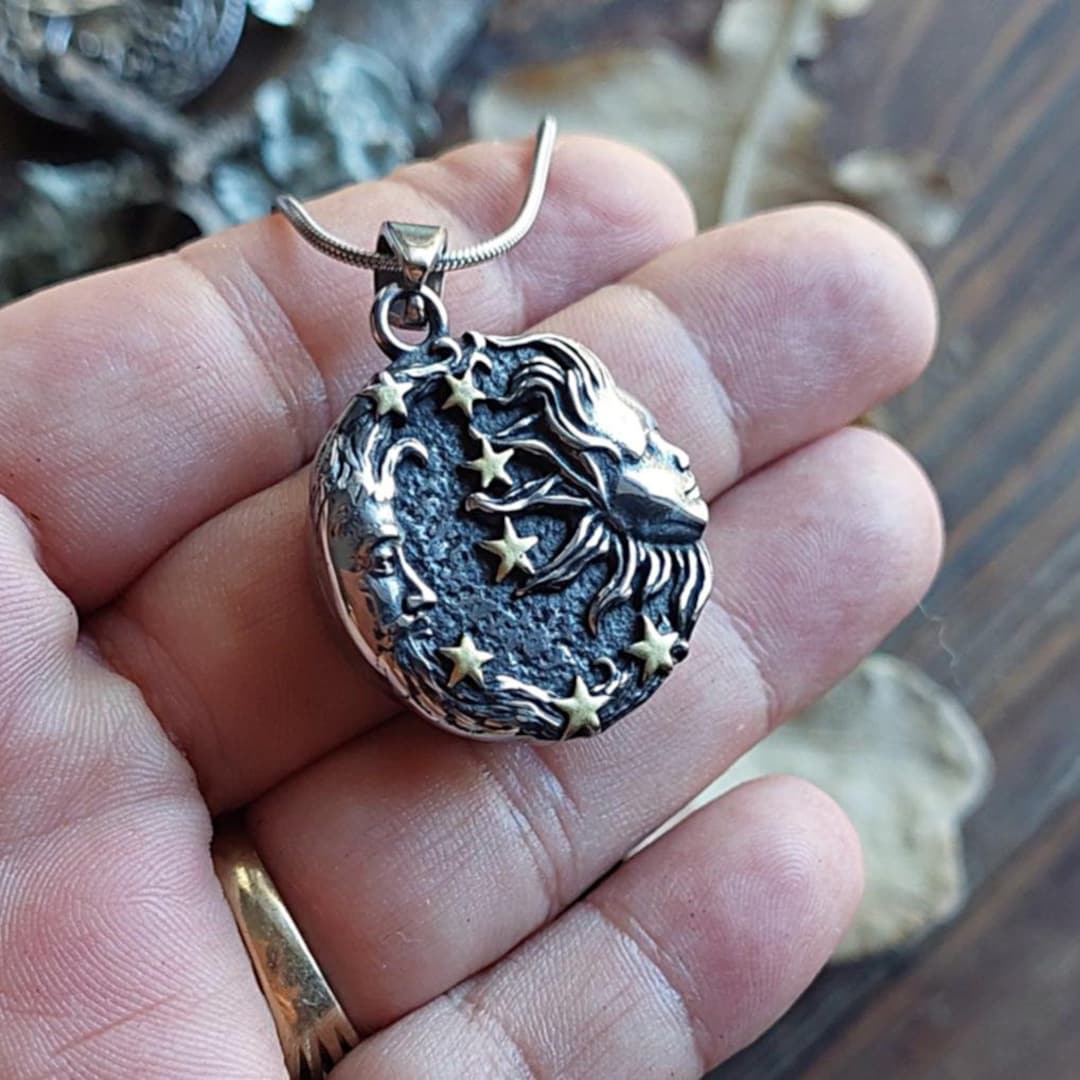 Sun and Moon Locket, Urn Necklace, Pendant for Ash Cremains or Locks of ...