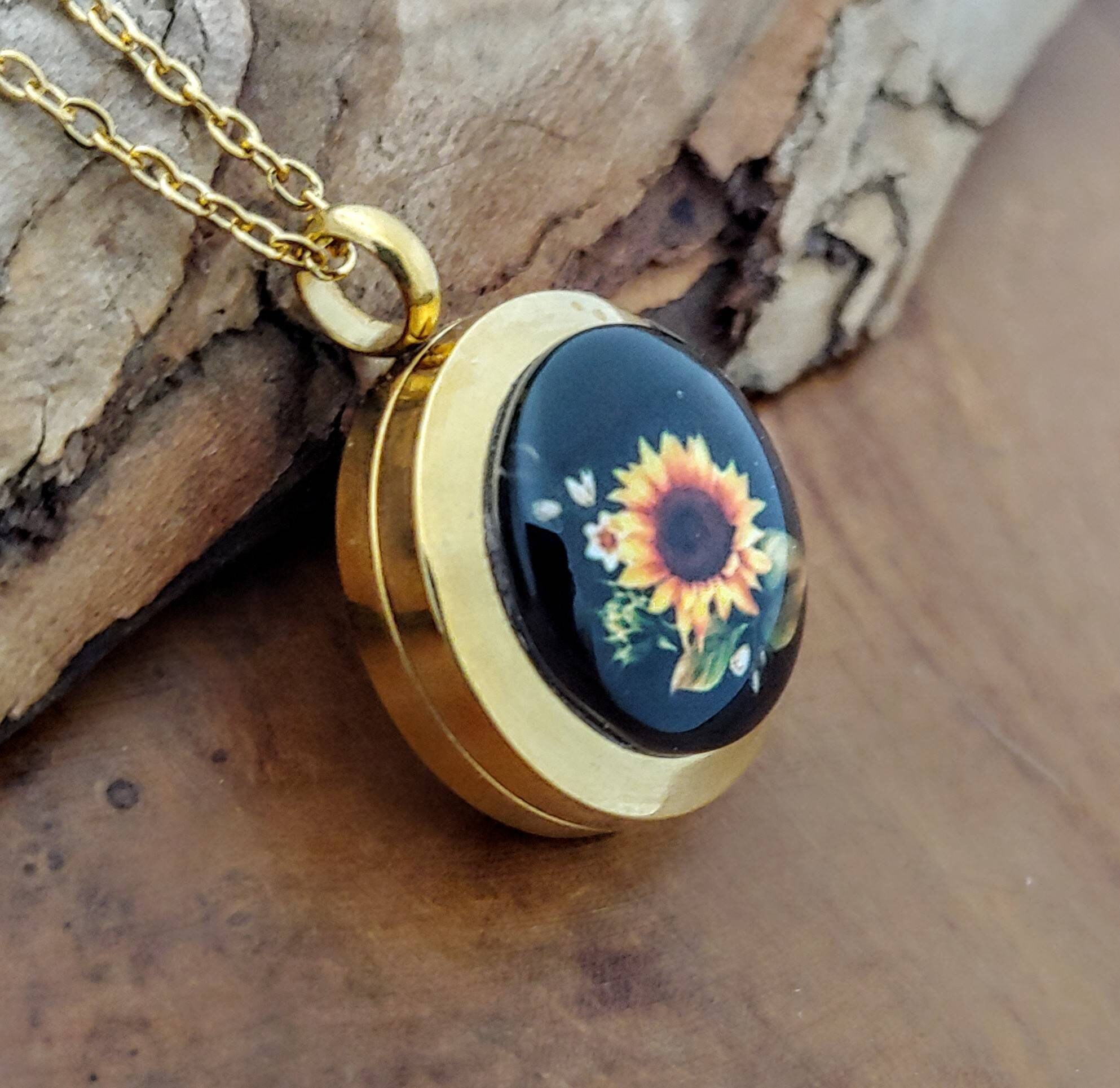 Gold Sunflower Glass Locket Urn Necklace | Sunflower Locket | Sunflower ...
