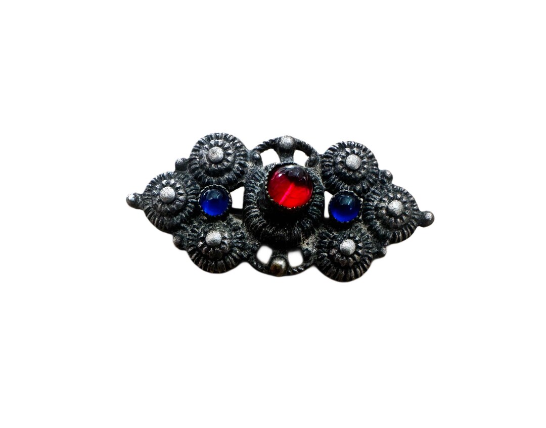 Antique Revival Brooch – Ornate Metalwork With Red & Blue Glass ...