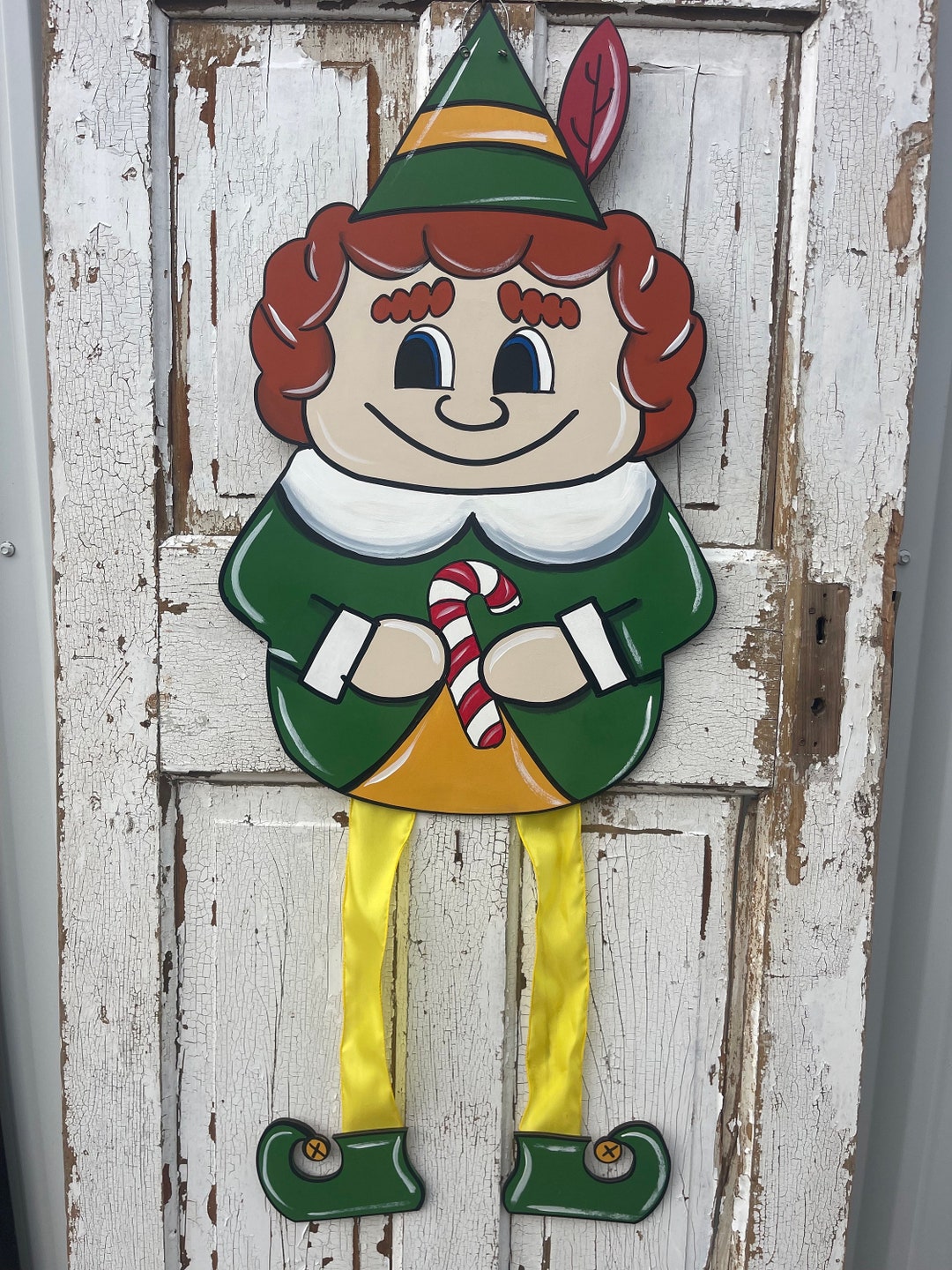 Elf With Ribbon Legs Door Hanger, Hand Painted Elf Door Hanger ...