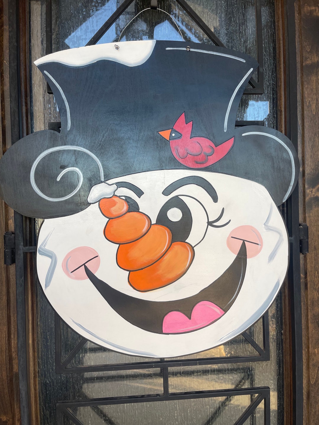 Snowman With Cardinal Door Hanger, Hand Painted Snowman Door Hanger ...