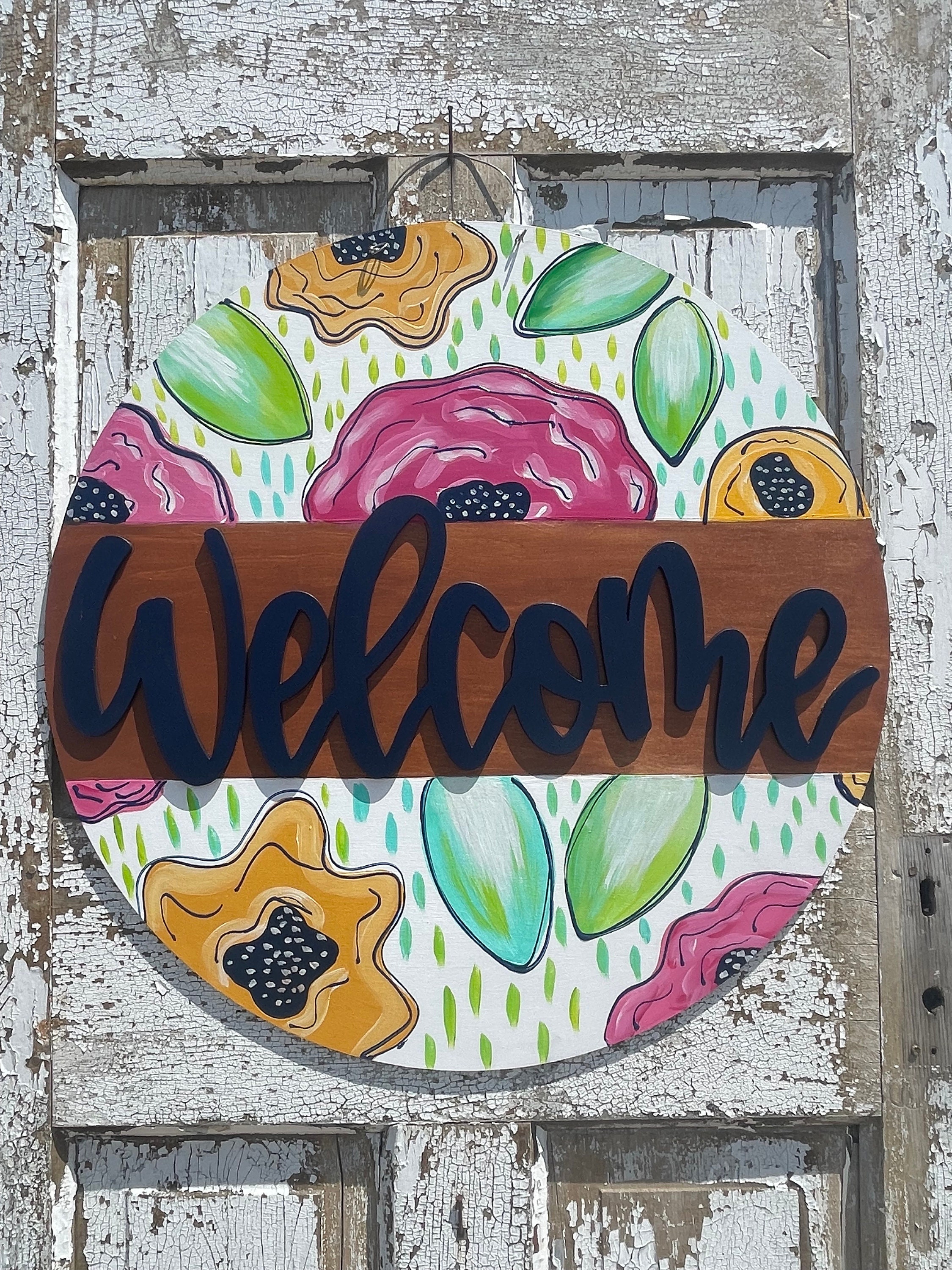 Handcrafted Round Welcome Sign With Bright Vibrant Flowers Perfect for ...