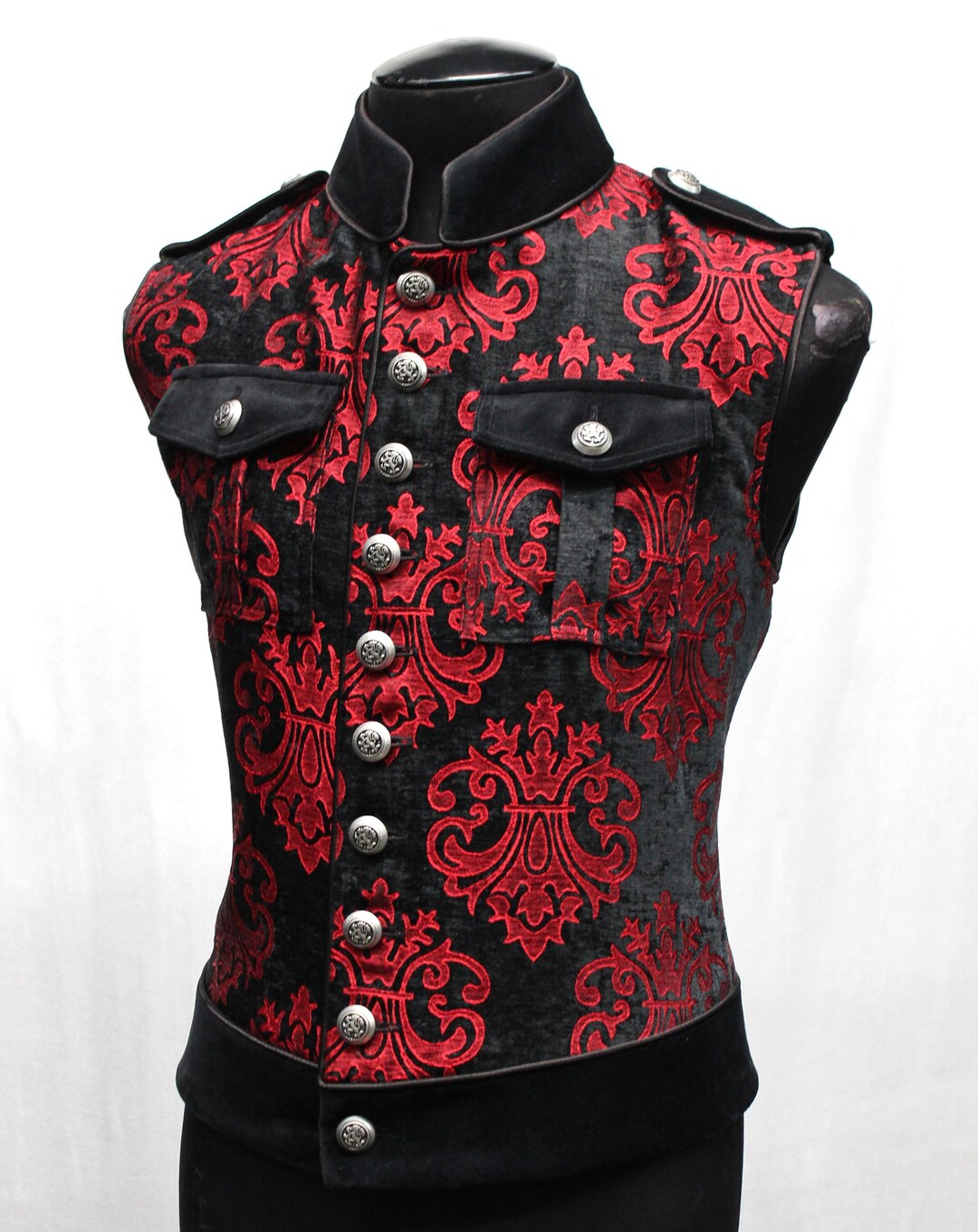ROYAL MARINE VEST - Red on Black Velvet Brocade - Etsy
