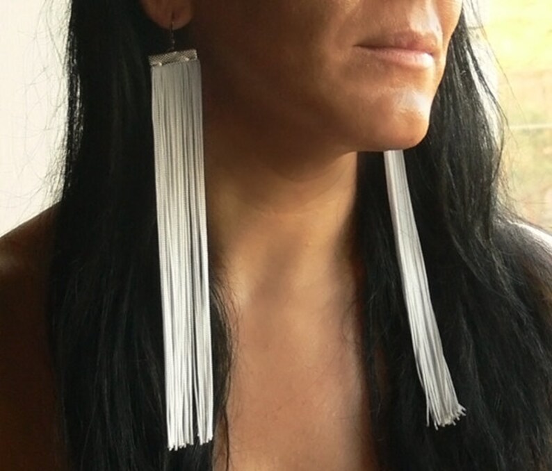 White Fringe Earrings. Extra Long Earrings. White Shoulder Duster ...
