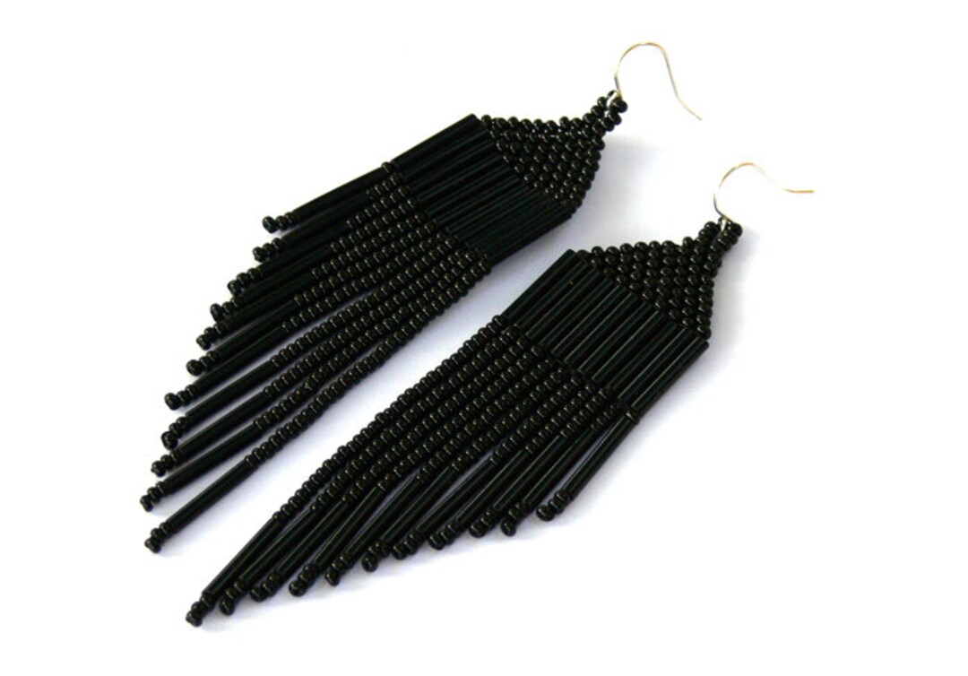 Black Earrings. Dangle Long Earrings. Beaded Fringe Earrings. Black ...